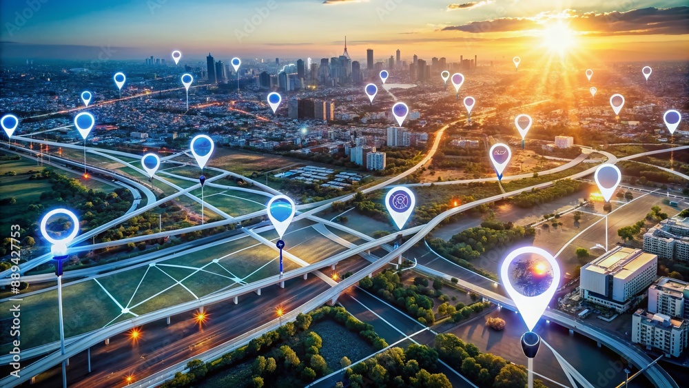 Location on map with points. AI technology in GPS, innovation delivery ...
