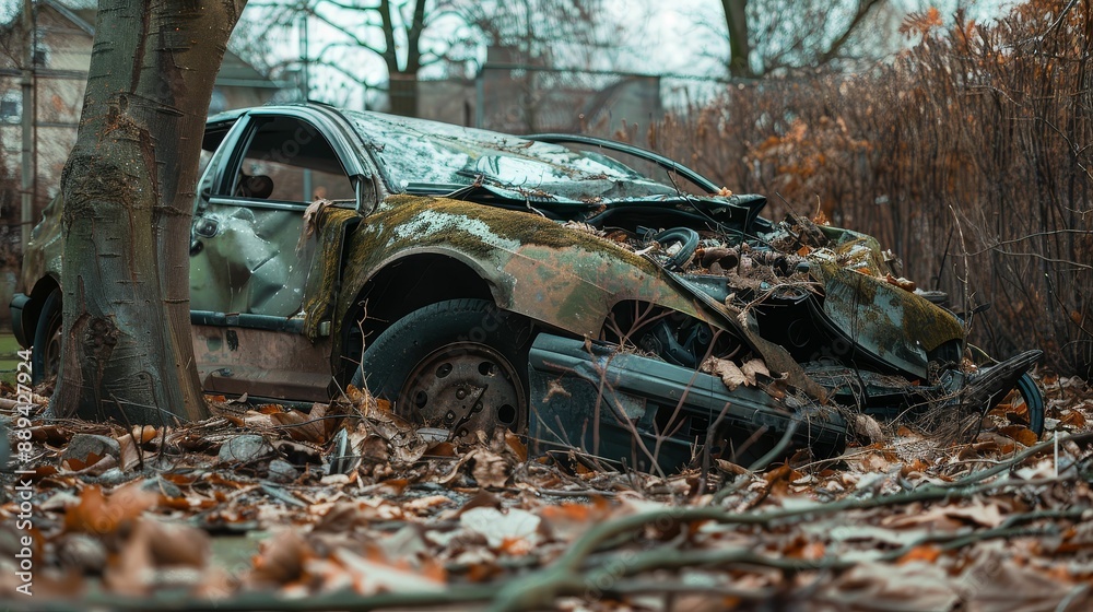 Foto de Crushed sedan after a violent collision with a tree, leaving ...