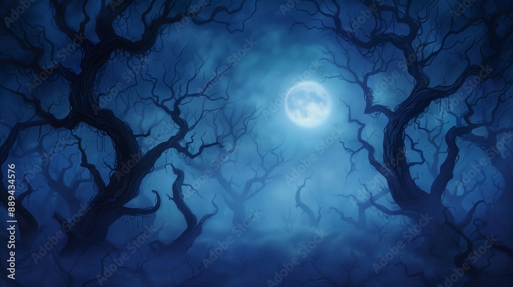 Eerie Full Moon Night with Gnarled Trees in Misty Forest, Spooky ...