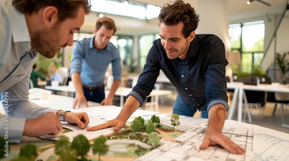 Architects collaborating on a project in a modern office, discussing ...