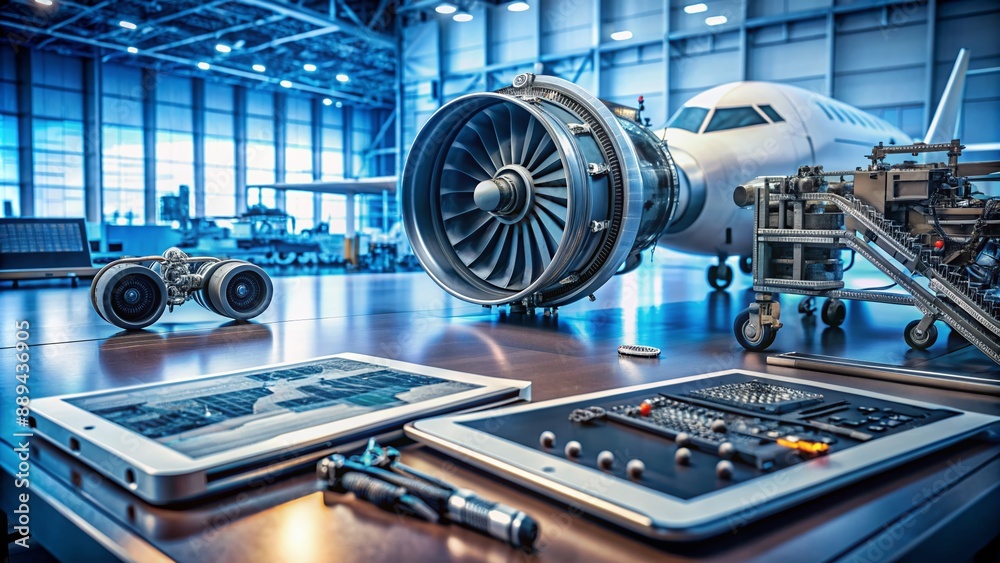 Aircraft engine components and electronic systems surround a ...