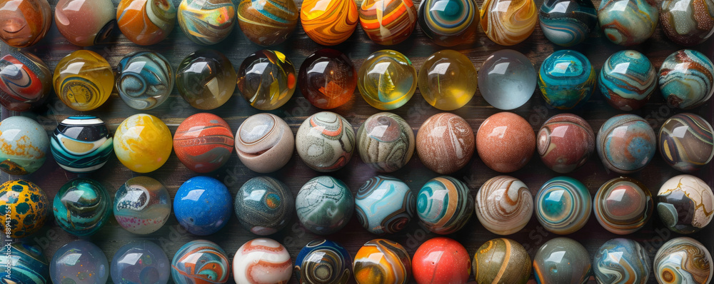 Overhead top down view of a collection of different types of marbles ...