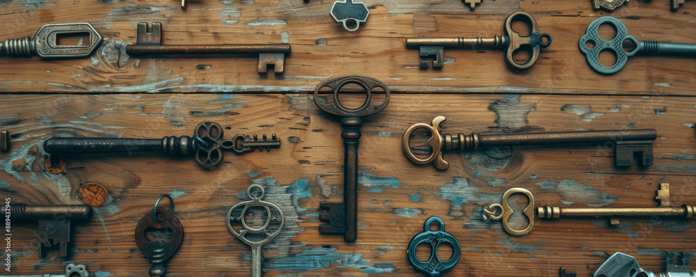 Overhead top down view of a collection of different vintage keys spread ...