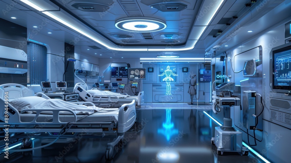ultra-modern hospital room equipped with smart beds, robotic medical ...
