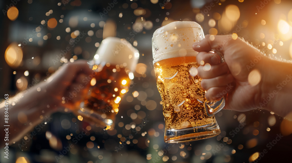 Two beer glasses clinking together in celebration, with a bokeh ...