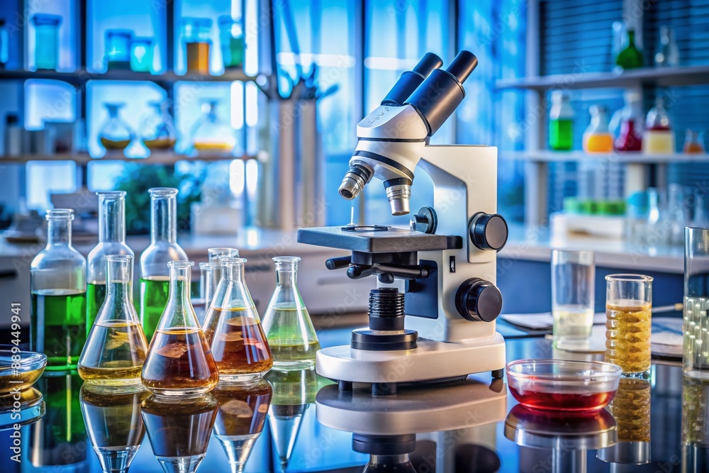 A modern microscope sits on a cluttered laboratory workbench ...