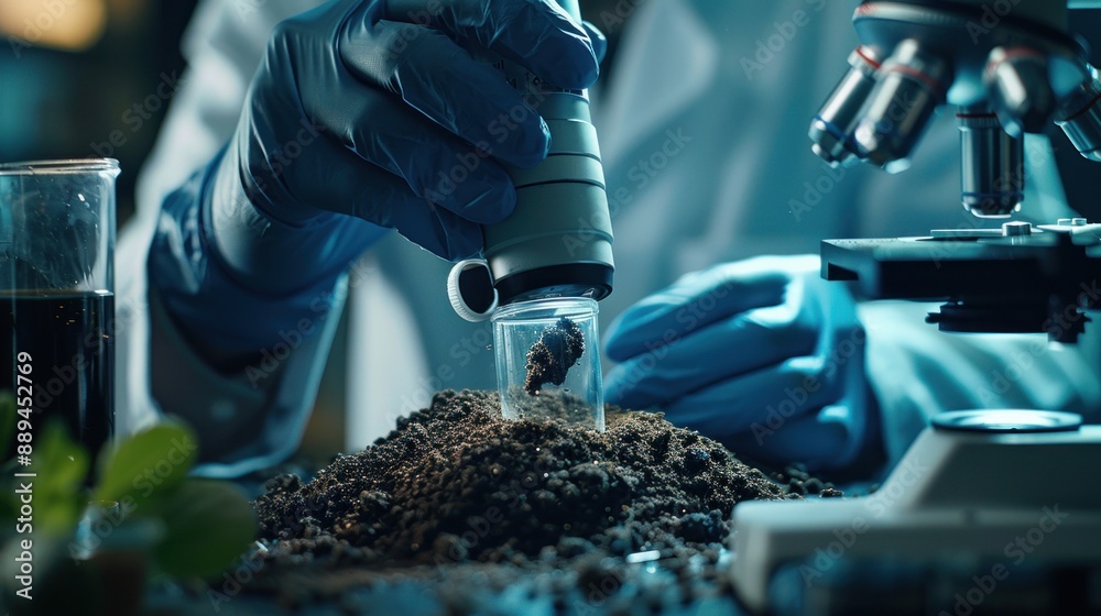 Close-up of an astrobiologist's hands handling a sample container with ...