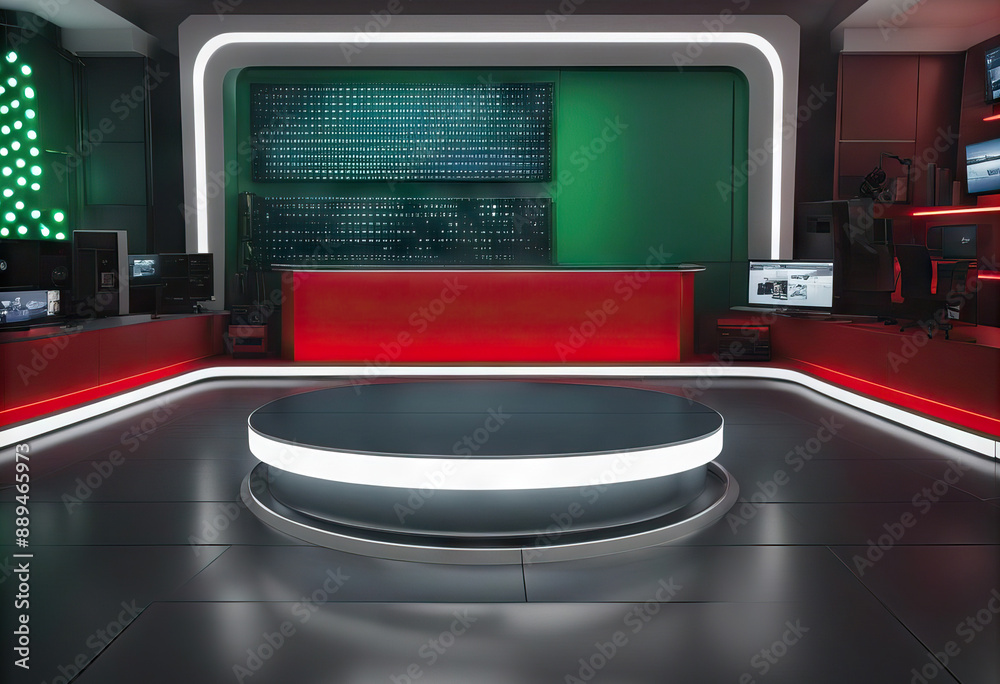 Tv studio News room Blye and red background General and close up shot ...