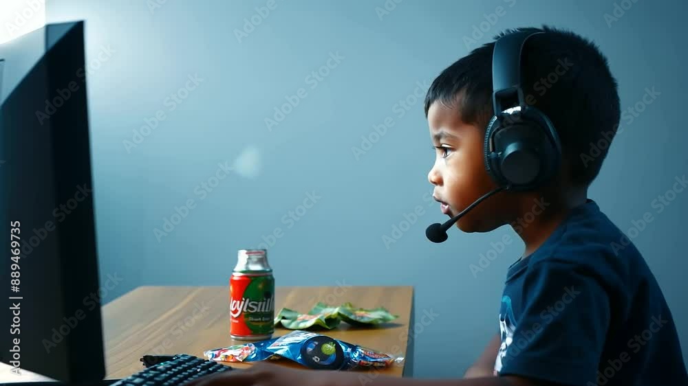 Boy Playing Video Games, Wearing Headset, Using Keyboard, Watching PC ...