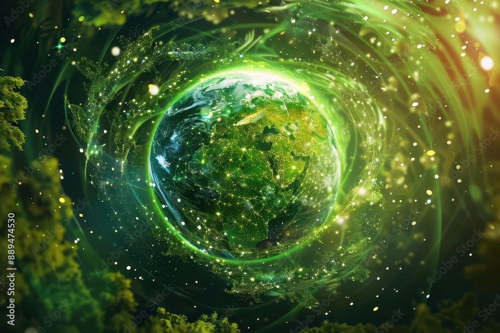 vibrant green earth suspended in cosmic void surrounded by swirling ...