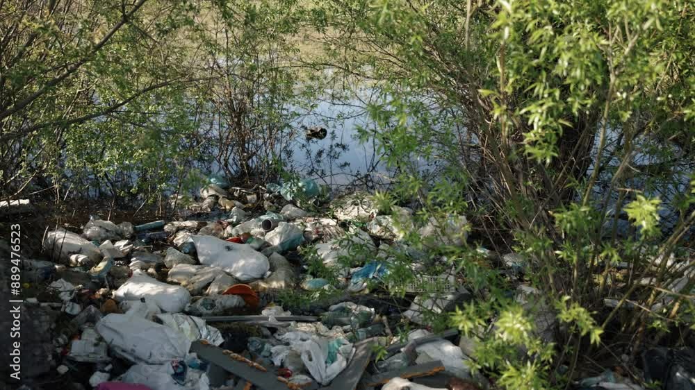 Polyurethane foam in water, Pollution problem, Water health. Pond and ...