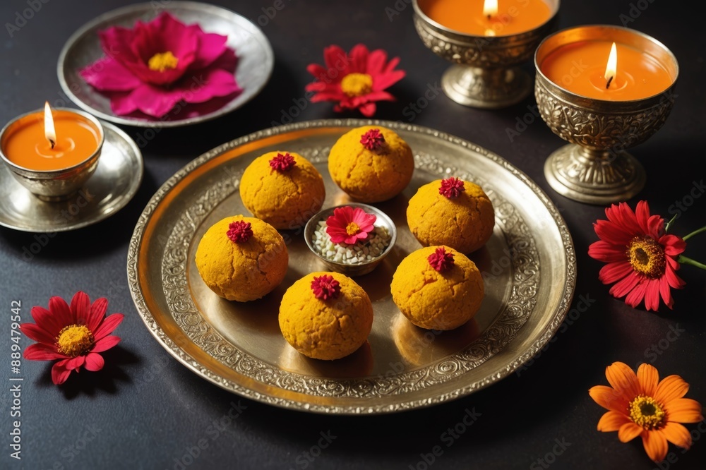Big Clay Diya Deep Lit With Indian Mithai Laddu, Meetha Laddoo, Burfi ...