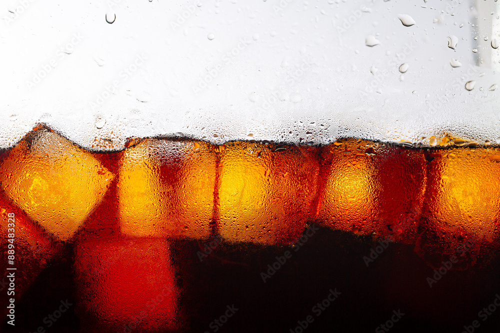 Macro cola drink texture,macro cola background,Background of cola with ice and bubbles. Side ...