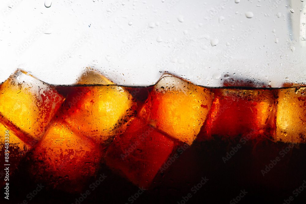 Macro cola drink texture,macro cola background,Background of cola with ice and bubbles. Side ...