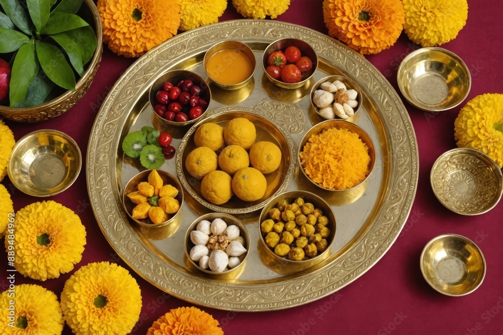 Golden Brass Pooja Ki Thali With Fruit, Marigold, Ghanti, Diya, Deep ...