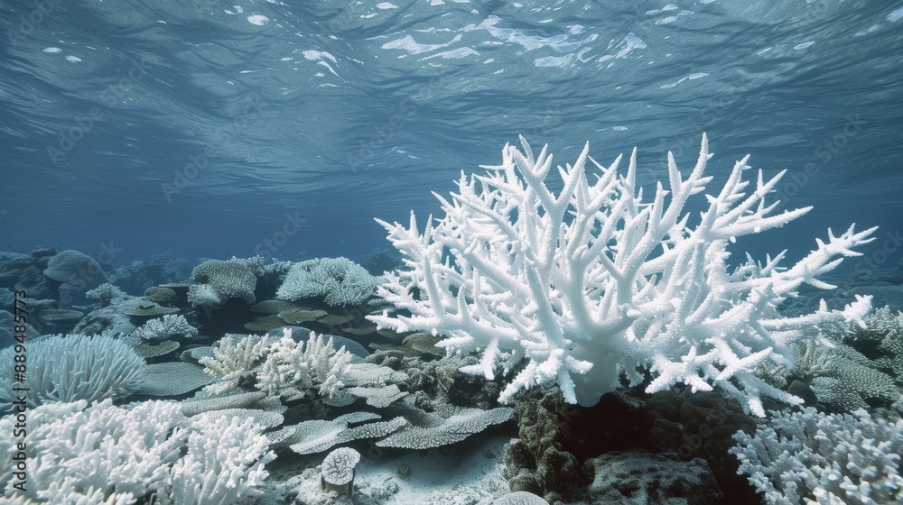 Coral reefs turning white, depicting coral bleaching caused by rising ...