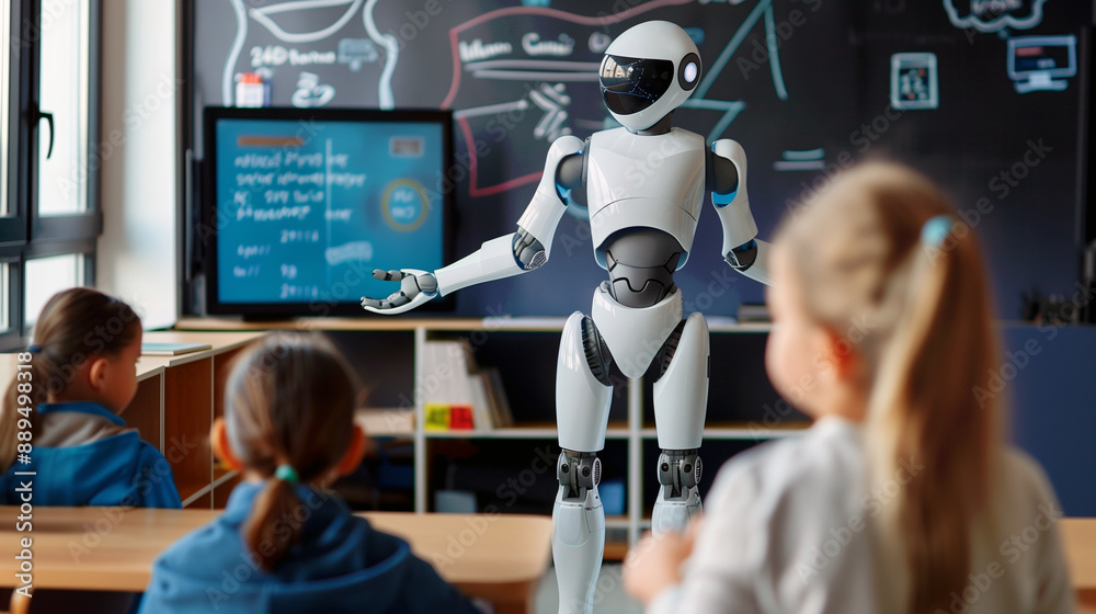 Humanoid robot engaged in interactive teaching session in classroom ...