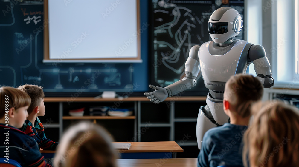 Humanoid robot engaged in interactive teaching session in classroom ...