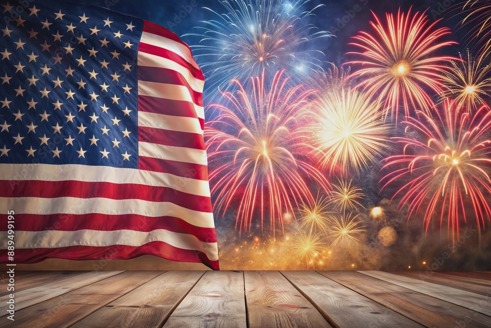 American flag colors and fireworks on mockup background with copy space ...