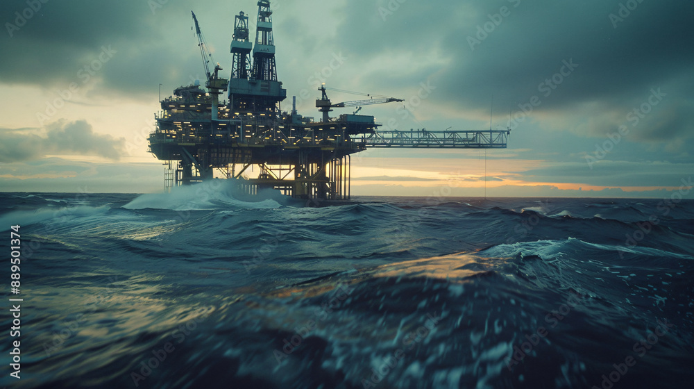 Offshore oil rig at sunset, surrounded by choppy sea, under dramatic ...
