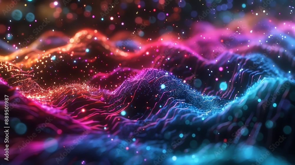 Glowing particles of different colors pulsating in a rhythmic pattern ...