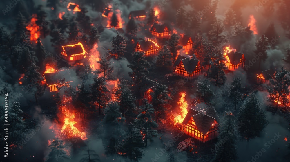 3D rendering, houses on fire in the forest made of cubes, top view, red ...