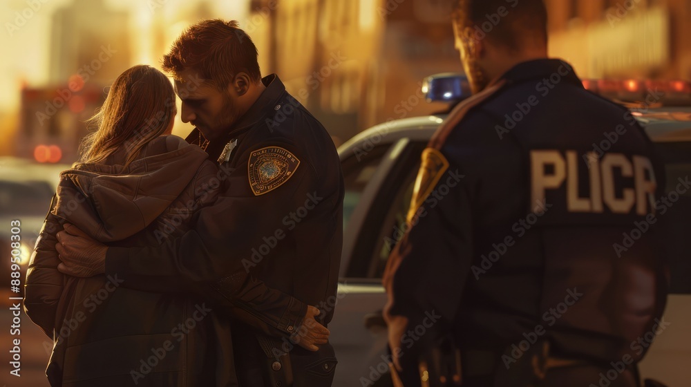 An emotional victim's family member being comforted by a police officer ...