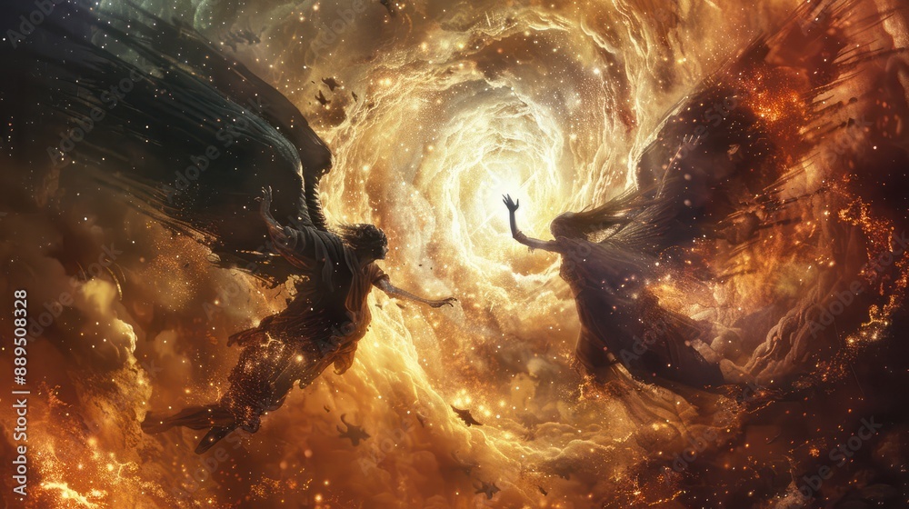 Angel and demon locked in an eternal dance around a dying star battling ...