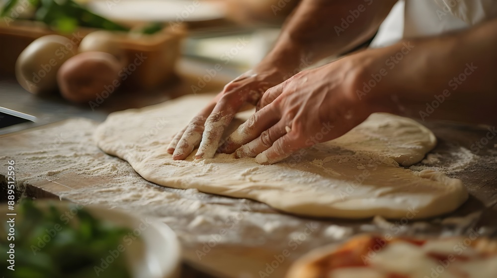 Pizza Process: Preparing the Dough close-ups of hands kneading and ...