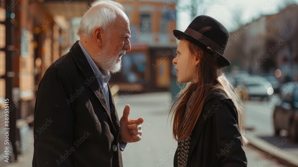 old man in a suit has a fight with a child, father and daughter or ...
