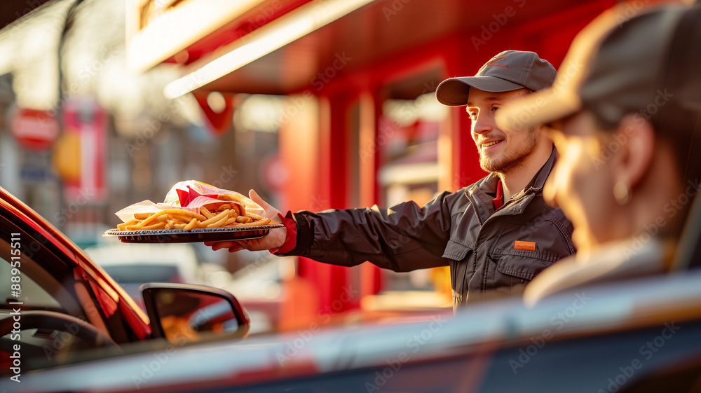 Hand WoMan in car receiving coffee in drive thru fast food restaurant ...