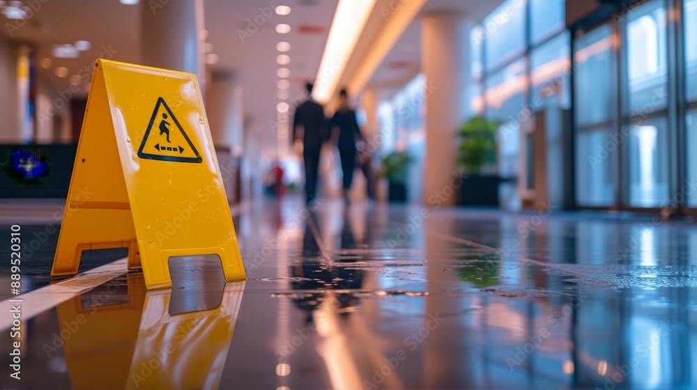 Bright yellow wet floor caution sign placed in the corridor of a modern ...