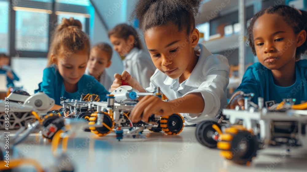 Multiethnic school children building robotic cars with computers and ...