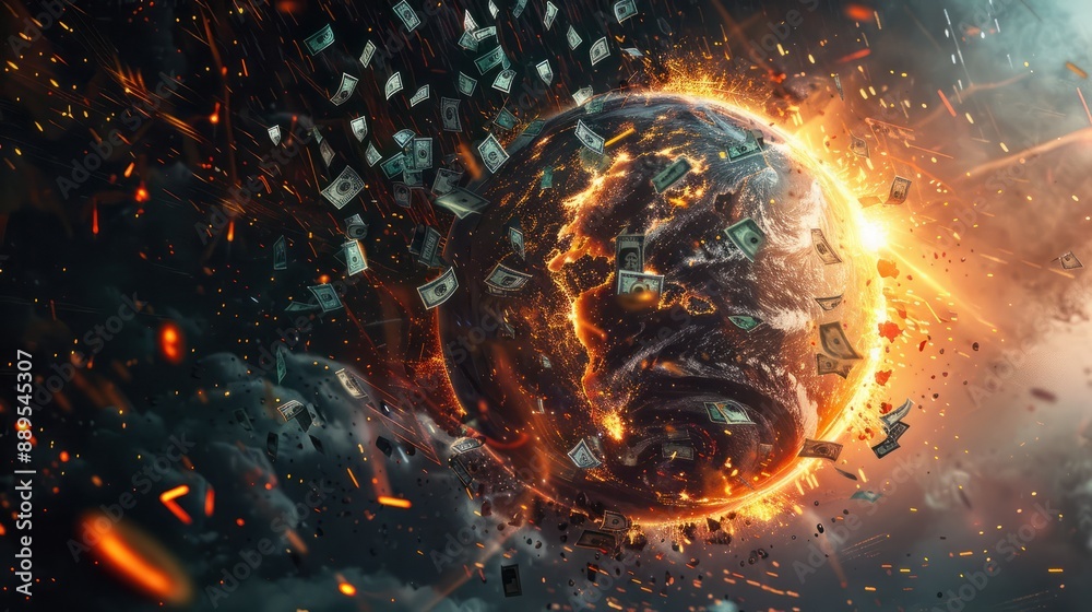 3. Illustrate a scene of a glowing planet fracturing into pieces, with ...