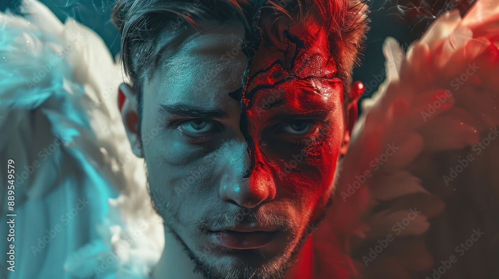 Beautiful fallen angel man. Good or bad parts of soul. Concept of ...