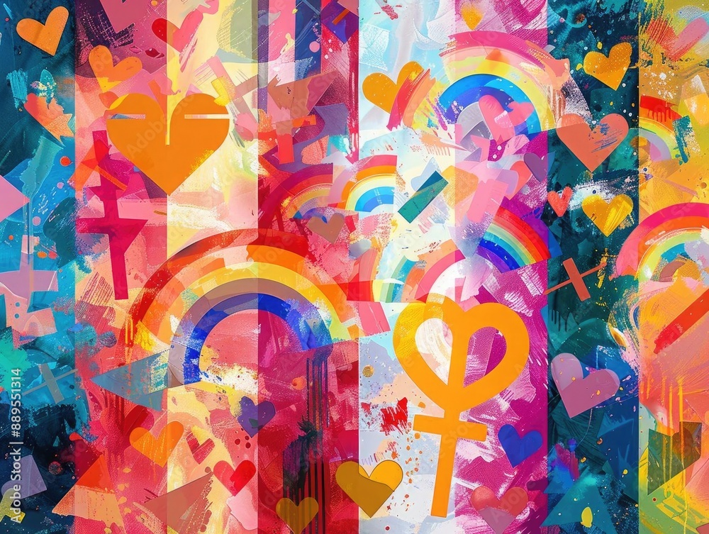 Artistic portrayal of LGBTQ+ symbols, including pride flags and ...
