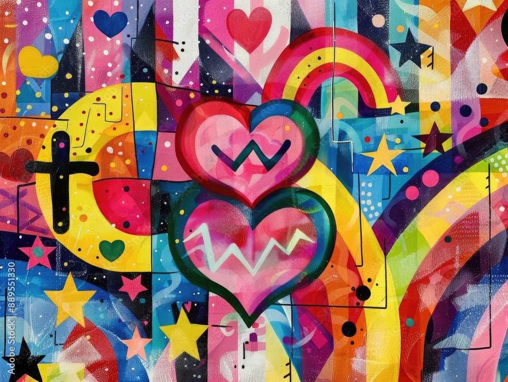 Artistic portrayal of LGBTQ+ symbols, including pride flags and ...