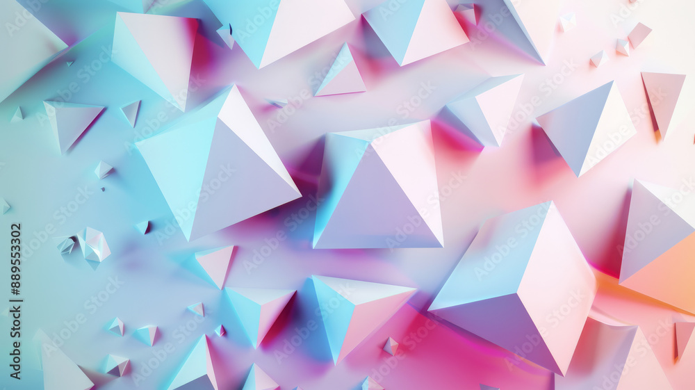 Pastel geometric shapes float in a softly lit environment, showcasing a ...