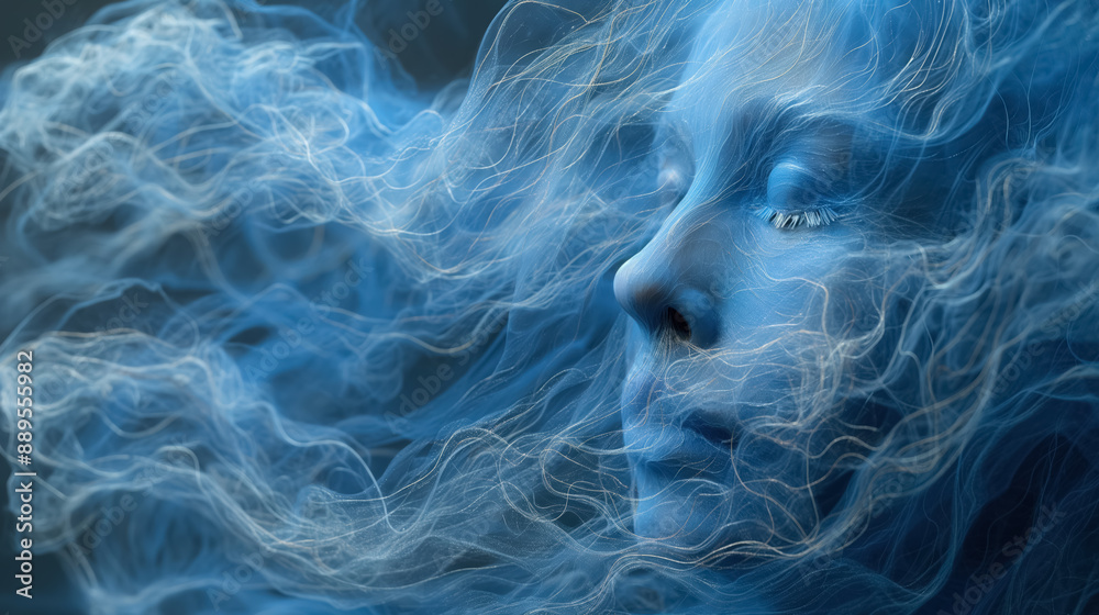 Blue ethereal face surrounded by wisps of flowing hair, creating a ...