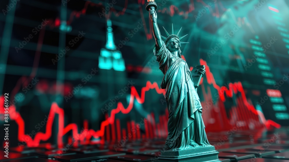 The statue of Liberty crying, inflation concept, a falling graph. The ...
