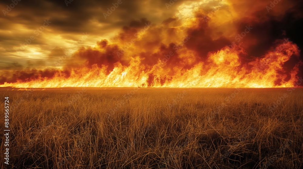 Field of dry grass consumed by massive fire under smoky sky ...