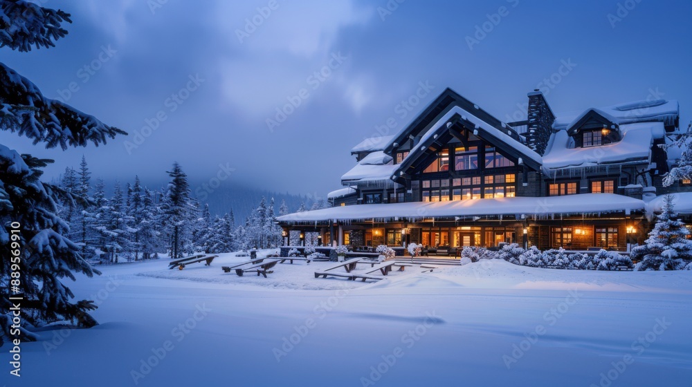 architectural photography of a snowy ski lodge exterior during twilight ...