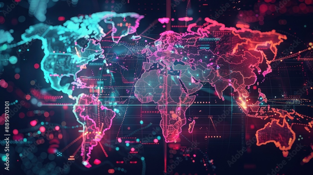 A graphic showing the global spread of a virus, with a world map and ...