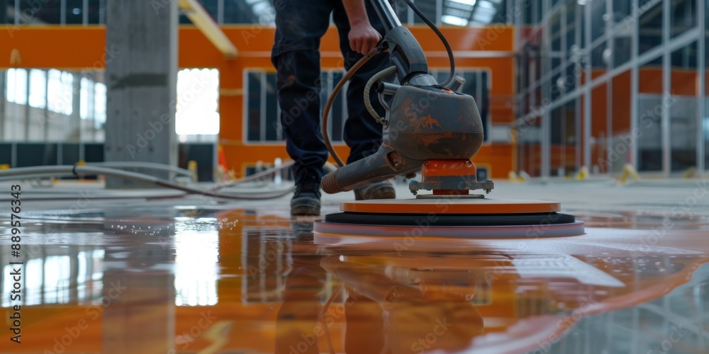 Abstract worker polishing hard floor with high speed polishing machine ...