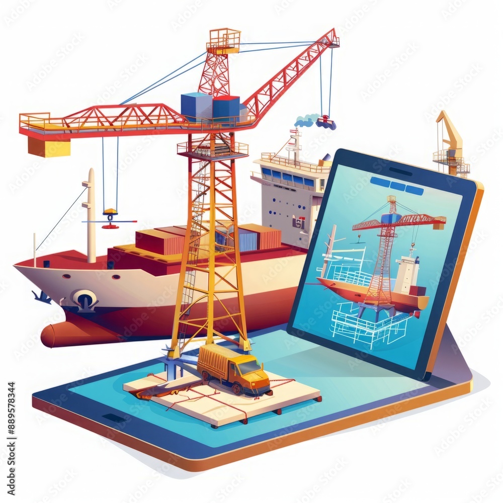 Nautical Blueprint: Cartoon-Style Tablet Lying with Shipbuilding ...