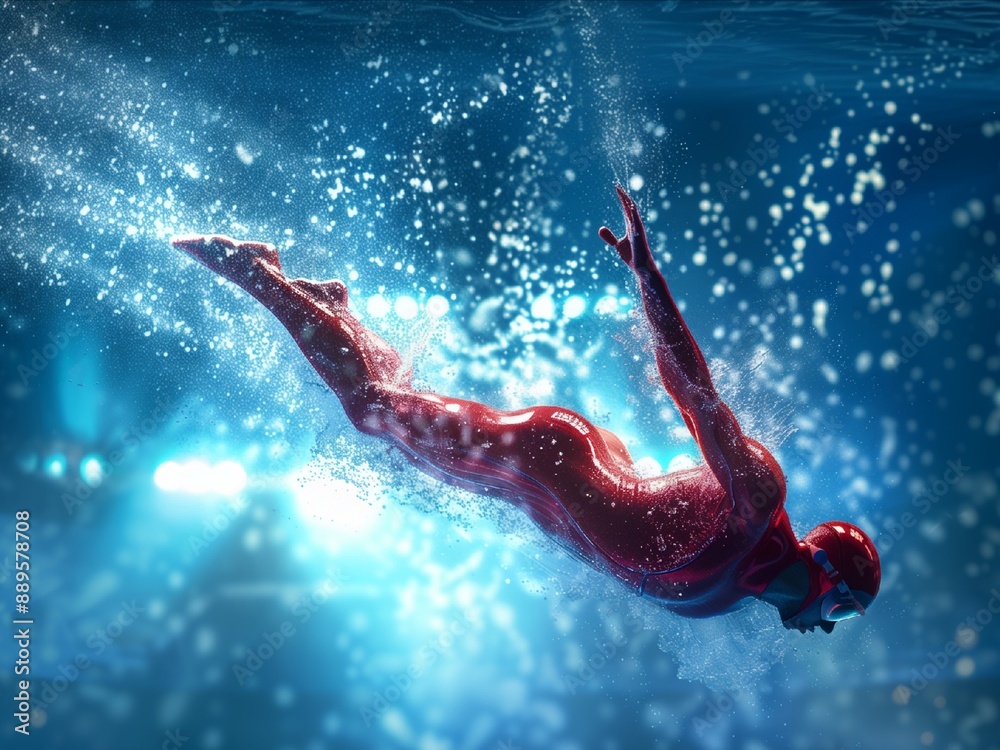 A diver performing dive in the water. Diver is in red swimming suit.The ...