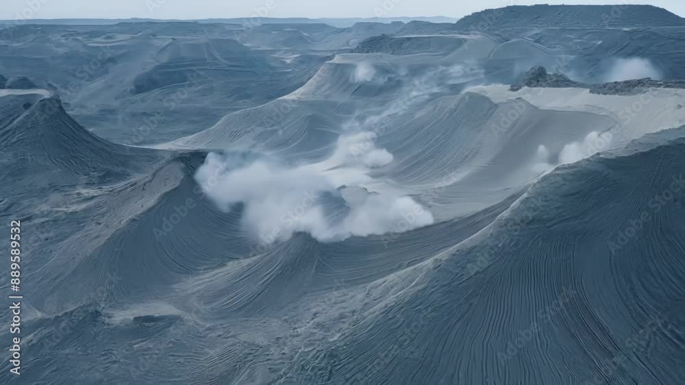 Sweeping views of valleys filled with thick layers of ash resembling a ...