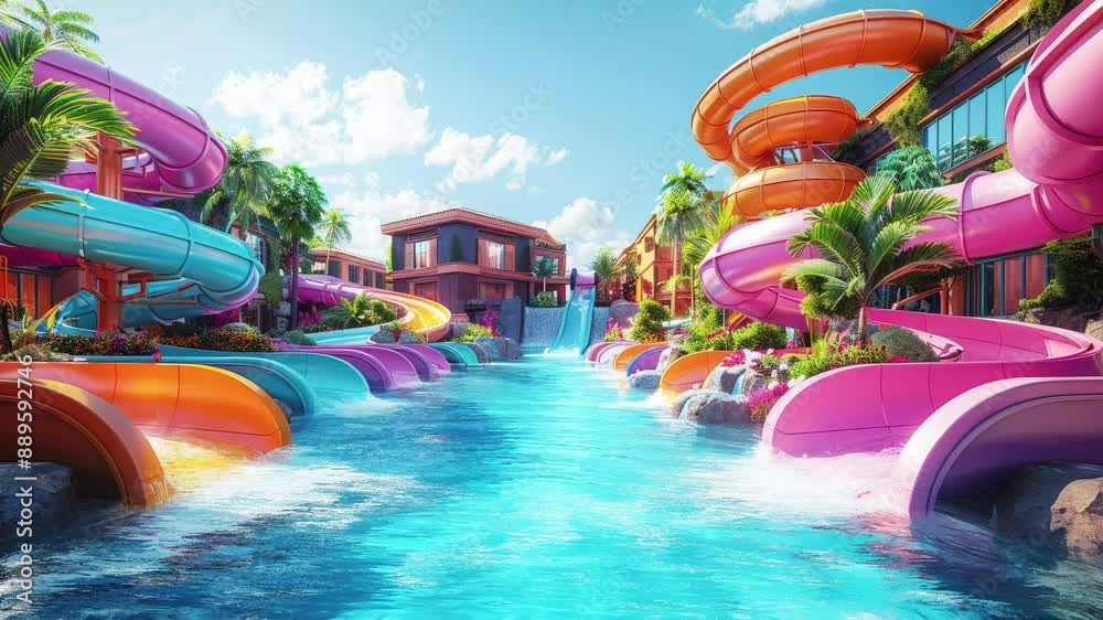 Video Stock Vibrant Waterpark with Colorful Water Slides fun and energy ...