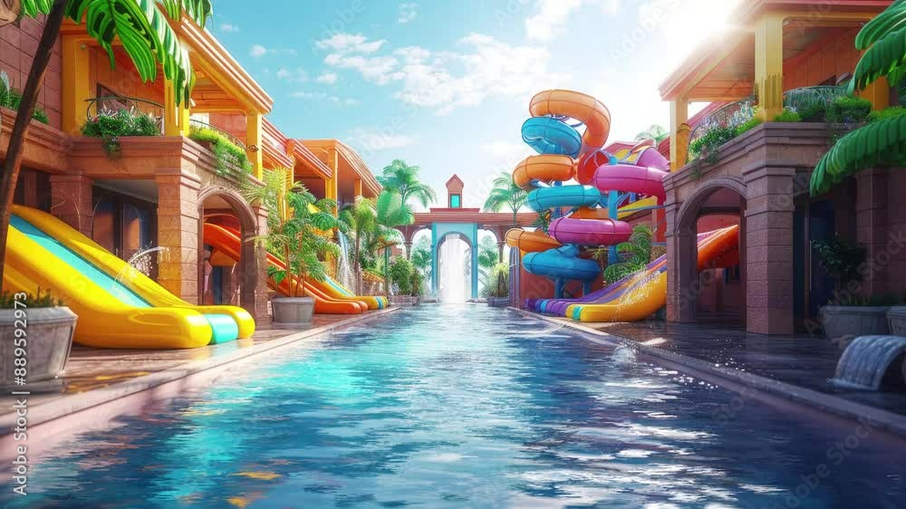 Vidéo Stock Vibrant Waterpark with Colorful Water Slides energy and ...