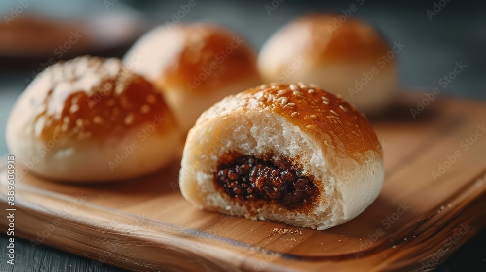 Anko filling erupts from a sweet bun, showcasing the smooth, red bean ...